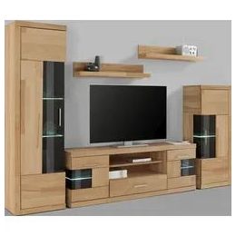 Wohnwand Home Affaire "Ribe Wohnwand Set-5 St.", beige (kernbuche teilmassiv), B:260cm H:180cm T:35cm, Holz teilmassiv, Kastenmöbel-Sets, Glaseinsatz aus gehärtetem Glas,Böden teilweise versetzbar