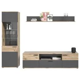 Wohnwand Inosign "Riga", grau (korpus, front, absetzung: nox oak nb, basalt grau nb, nox oak mdf tz), B:266cm H:200cm, Kastenmöbel-Sets
