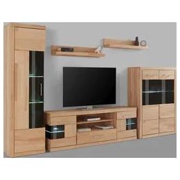 Wohnwand Home Affaire "Ribe Wohnwand Set-5 St.", beige (kernbuche teilmassiv), Holzwerkstoff Kernbuchefarben (Korpus)/ Massivholz Kernbuche (Front), Kastenmöbel-Sets, Glaseinsatz aus gehärtetem Glas,Böden teilweise versetzbar