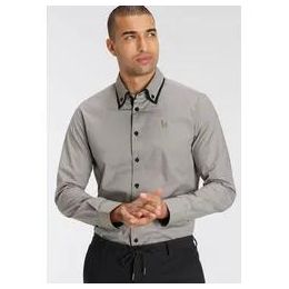 Langarmhemd Bruno Banani "Bruno Banani Button Down Kragen", Herren, Gr. 37/38, D-Gr, grau (silbergrau), Popeline, Obermaterial: 97% Baumwolle, 3% Elasthan, Basic, tailliert, Ärmel mit Ärmelschlitz 2-Knopf-Manschette, Hemden