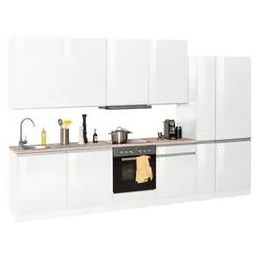 Küchenzeile KOCHSTATION "KS-Ohio", weiß (küche: weiß, korpus: weiß, arbeitsplatte: eichefarben), B:330cm T:60cm, Komplettküchen-Sets, mit E-Geräten, Breite 330 cm