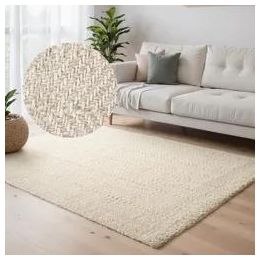 Wollteppich ELLE DECORATION "Majoli, auch als L&auml;ufer", beige (natur wei&szlig;), B:160cm H:10mm L:230cm, Jute, Wolle, Teppiche, Herringbone, Wolle, Jute, Natur, Wohnzimmer, Schlafzimmer, Boho,Skandi