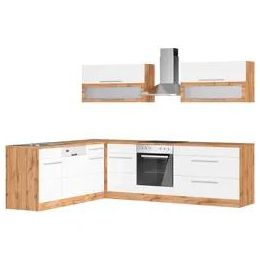Winkelküche KOCHSTATION "KS-Wien", küche: weiß, front: weiß, korpus: wotaneichefarben, arbeitsplatte: wotaneichefarben, B:220cm H:200cm T:270cm, Komplettküchen-Sets, Stellbreite 220 x 270 cm, wahlweise mit E-Geräten