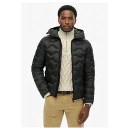 Steppjacke Superdry "HOODED QUILTED WAVE PADDED JKT", Herren, Gr. XXL, schwarz (jet schwarz), Web, Obermaterial: 100% Polyester, unifarben, regular fit, Jacken