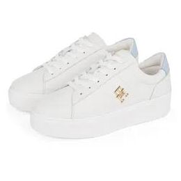 Plateausneaker Tommy Hilfiger "PLATFORM COURT SNEAKER", Damen, Gr. 41, blau (weiß, hellblau), Leder, Schuhe, Freizeitschuh, Halbschuh, Schnürschuh mit TH-Schmuckelement