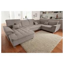 Wohnlandschaft DOMO collection "Franzi optional mit Bettfunktion, Bettkasten & Kopfteilverstellung", grau (taupe), B:352cm H:81cm T:214cm, Flachgewebe (100% Polyester);Chenille (100% Polyester), Sofas, U-Form, Recamiere links, taupe, B/T: 352/214 cm, Topseller