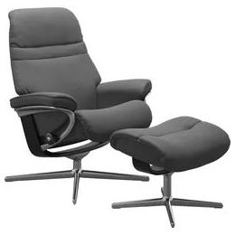 Relaxsessel stressless "Sunrise", grau (grau batick), B:83cm H:105cm T:74cm, Leder BATICK: BATICK ist ein leicht korrigiertes, durchgefärbtes und genarbtes Möbelleder, bei dem die meisten Unebenheiten und Spuren in der Regel entfernt wurden., Sessel, mit Cross Base, Größe S, M & L, Holzakzent Schwarz