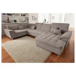 Wohnlandschaft DOMO collection "Franzi optional mit Bettfunktion, Bettkasten & Kopfteilverstellung", grau (taupe), B:352cm H:81cm T:214cm, Flachgewebe (100% Polyester);Chenille (100% Polyester), Sofas, U-Form, Recamiere rechts, taupe, B/T: 352/214 cm, Topseller