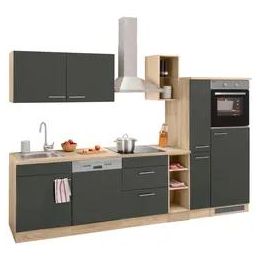 Küchenzeile Optifit "Kalmar", grau (küche: grau, korpus: eichefarben hell, arbeitsplatte: eichefarben hell), B:300cm T:60cm, Komplettküchen-Sets, Breite 300 cm, wahlweise mit E-Geräten, mit Arbeitsplatte