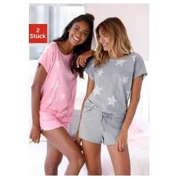 Shorty Arizona, Damen, Gr. 44/46, grau (rosa, grau), Obermaterial: 60% Baumwolle, 40% Polyester. Obermaterial 2: 90% Baumwolle, 10% Polyester, bequem kurz, Rundhals, Raglan&auml;rmel, Homewear-Sets Shorty, in melierter Optik