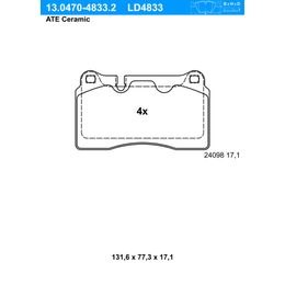 ATE Bremsbelagsatz, Scheibenbremse Ceramic 13.0470-4833.2 vorne rechts links f&uuml;r SEAT VAG 8J0698151H 8J0698151K 8J0698151M