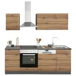 Küchenzeile KOCHSTATION "KS-Samos", braun (küche: natur, front: wotaneiche, korpus: grafitgrau, arbeitsplatte: anthrazit), B:220cm H:200cm T:60cm, Komplettküchen-Sets, Küchenzeile, Breite 220 cm, wahlweise mit E-Geräten, mit Arbeitsplatte