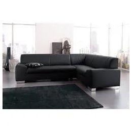 Ecksofa DOMO collection "Alisson, zeitlose Optik, flache Armlehnen, L-Form", schwarz, B:249cm H:75cm T:181cm, Microfaser aus 100% Polyester;Softlux, das pflegeleichte Kunstleder aus 80% PVC, 18% Polyester und 2% Polyurethan;Strukturstoff aus 90% Polyester und 10% Polyacryl, Sofas, fester Sitzkomfort, wahlweise mit Bettfunktion