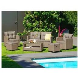 Gartenlounge-Set Konifera "Lorca", beige (beige, beige,), Polyrattan, Sitzmöbel-Sets, Gartenmöbel-Set, Polyrattan, Ablagefläche unter dem Tisch, Tischplatte aus Nonwood