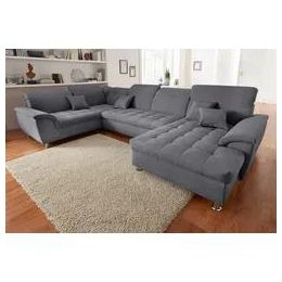 Wohnlandschaft DOMO collection "Franzi optional mit Bettfunktion, Bettkasten & Kopfteilverstellung", grau (dunkelgrau), B:352cm H:80cm T:214cm, Flachgewebe (100% Polyester);Chenille (100% Polyester), Sofas, XXL-Sofa, Recamiere rechts, dunkelgrau, B/T: 352/214 cm, Topseller