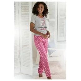 Pyjama PEANUTS, Damen, Gr. 36/38, bunt (grau, meliert, pink, gepunktet), Single Jersey, Obermaterial: 100% Baumwolle, bequem lang, Rundhals, Homewear-Sets Pyjama, mit Snoopy Druckmotiv