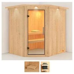 Sauna Karibu "Laila", beige (naturbelassen), ohne Ofen, (ohne Ofen), Saunen, ohne Ofen