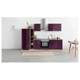 Küchenzeile KOCHSTATION "KS-Samos", lila (küche: lila, front: aubergine hochglanz, korpus: eiche sonoma, arbeitsplatte: eiche sonoma), B:300cm H:200cm T:60cm, Komplettküchen-Sets, Küchenzeile, Breite 300 cm, wahlweise mit E-Geräten, mit Arbeitsplatte