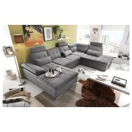 Wohnlandschaft ED EXCITING DESIGN "Jakarta U-Form mit Bettfunktion, Bettkasten", grau, B:324cm H:107cm T:218cm, Lederl.: 40% Polyurethan, 40% Polyvenylchlorid; 20% Polyester;Sumatra: 100% Polyester, Sofas, Armteilverstellung, Kopfstützen & 3 Nierenkissen