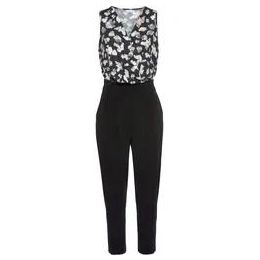 Overall Lascana, Damen, Gr. 40, schwarz-weiß (schwarz, beige, bedruckt), Crêpe, Obermaterial: 95% Polyester, 5% Elasthan, bedruckt, figurumspielend 7/8-Länge, V-Ausschnitt, Overalls Jumpsuit, mit bedrucktem Oberteil, eleganter Jumpsuit, Business-Look, festlich