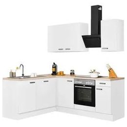 Winkelküche Optifit "Parma", weiß (küche: weiß, korpus: weiß, arbeitsplatte: eichefarben), B:215cm T:175cm, Komplettküchen-Sets, L-Küche, mit E-Geräten, Stellbreite 215x175 cm