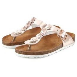 Zehentrenner Lascana "Sandale, Pantolette, offener Schuh, Sommerschuh", Damen, Gr. 36, rosa (roségoldfarben), Obermaterial: 100% Lederimitat. Futter: 100% Textilmaterial. Decksohle: 100% Rindsleder. Laufsohle: 100% Synthetik, glänzend, metallic, Schuhe Zehentrenner, mit modischer Applikation und Komfortkorkfußbett aus Leder
