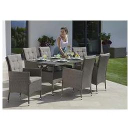 Garten-Essgruppe Konifera "Mailand", grau (grau, braun,), Polyrattan, Sitzmöbel-Sets, Tischplatte aus Sicherheitsglas, Staufläche unter dem Tisch