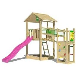 Spielturm Jungle Gym "Fortress", pink (fuchsia), Spieltürme, KinderB:373cm H:318cm T:397cm, Holzwerkstoff, Spielanlage mit 2 Türmen, Brücke und Rutsche mit Wasseranschluss, B:373cm H:318cm T:397cm