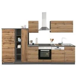 Küchenzeile KOCHSTATION "KS-Samos", braun (küche: natur, front: wotaneiche, korpus: grafitgrau, arbeitsplatte: anthrazit), B:340cm H:200cm T:60cm, Komplettküchen-Sets, Küchenzeile, Breite 340 cm, wahlweise mit E-Geräten, mit Arbeitsplatte