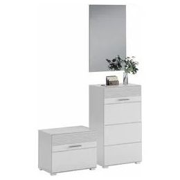 Garderoben-Set Inosign "Malmö, Breite 115cm, MDF Front mit Rillenfräsung, 3-teilig, best. aus:", weiß (korpus, front: weiß nb, weiß hochglanz tz), B:115cm H:197cm T:37cm, Kastenmöbel-Sets, Sitzbank, Schuhkommode & Garderobenspiegel