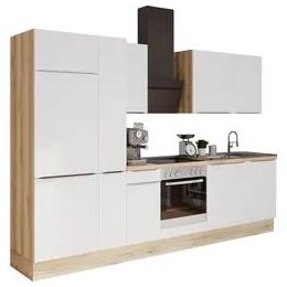 Küchenzeile KOCHSTATION "KS-Aken", weiß (küche: weiß, korpus: wildeichefarben, arbeitsplatte: eiche struktur), B:300cm H:212cm T:60cm, Komplettküchen-Sets, Küchenzeile, Breite 300 cm, wahlweise mit E-Geräten, mit Arbeitsplatte 38 mm stark