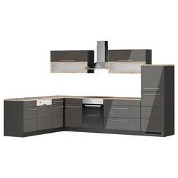 Winkelküche KOCHSTATION "KS-Wien", grau (küche: grau, front: hochglanz grau, korpus: grafit, arbeitsplatte: eiche sonoma), B:220cm H:200cm T:330cm, Komplettküchen-Sets, Stellbreite 220 x 330 cm, wahlweise mit E-Geräten