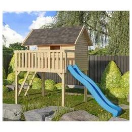 Karibu Spielturm AKUBI "Fidel", beige (naturbelassen), Spieltürme, KinderB:198cm H:329,5cm T:243cm, Holzwerkstoff, BxTxH: 198x243x329,5 cm, mit Rutsche in blau, B:198cm H:329,5cm T:243cm