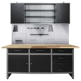 Werkstatt-Set ONDIS24 "Karsten", schwarz (anthrazit, grau, schwarz), B:160cm H:205cm T:60cm, Metall, Werkbänke, 160 cm, mit LED Touch-Lampen, inkl. Hakenset