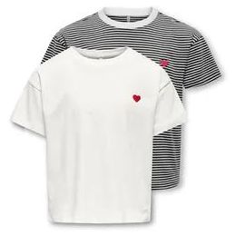 Kurzarmshirt KIDS Only "KOGMAIKEN LIFE SS SOL/STR TOP JRS 2-PACK", Mädchen, Gr. 122/128, rot (cloud dancer pack:sky captain, cloud stripes, rot heart), Jersey, Obermaterial: 100% Baumwolle, gestreift, Rundhals, Shirts