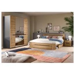 Schlafzimmer-Set Home Affaire "REHAT, 4-teilig, best. aus: Bett, Kleiderschrank & 2x Nachtkommode", grau, ohne Matratze, B/H: 180cm x 200cm, Schlafzimmermöbel-Sets, Rehat, Schlafzimmerset, Bett 180x200 cm, Nachttisch, Kleiderschrank