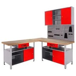 Werkstatt-Set ONDIS24, rot (rot, anthrazit), B:120cm H:205cm T:60cm, Metall, Werkbänke, mit 2 Werkbänken, Werkzeugschrank & Lochwand
