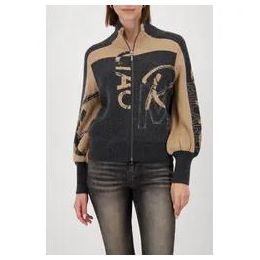 Strickjacke monari, Damen, Gr. 44, anthrazit gem, Strick, Obermaterial: 35% Wolle, 30% Viskose, 25% Polyamid, 10% Polyester, colorblocking, gemustert, mehrfarbig, regular fit taillenbedeckt, Rundhals, eingesetzt Rippstrickbündchen, Strickjacken, Regular fit mit Stehkragen und Strassdetails