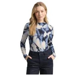 Langarmshirt Tom Tailor, Damen, Gr. M, blau blurry argyle, Web, Obermaterial: 95% Viskose, 5% Elasthan, bedruckt, slim fit normal, ohne Ausschnitt, gerader Abschluss, Shirts, mit All-Over Print