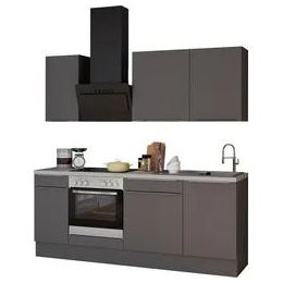 Küchenzeile KOCHSTATION "KS-Aken", grau (küche: grau, korpus: anthrazit matt, arbeitsplatte: oxid grau), B:210cm H:211,8cm T:60cm, Komplettküchen-Sets, Küchenzeile, Breite 210 cm, wahlweise mit E-Geräten, mit Arbeitsplatte 38 mm stark