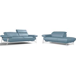 Sofa Egoitaliano "Anais, erstklassiger Sitzkomfort, Fußfarbe chrom", blau (himmelblau), Sofas, Leder CAREZZA, Ottomane Armlehne links, Set, Kopfteil verstellbar, Leder CAREZZA, himmelblau