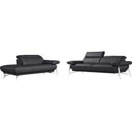 Sofa Egoitaliano "Anais, erstklassiger Sitzkomfort, Fußfarbe chrom", schwarz, Sofas, Leder BULL, Ottomane Armlehne rechts, Set, Kopfteil verstellbar, Leder BULL, schwarz