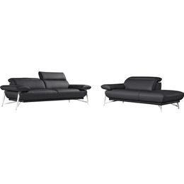 Sofa Egoitaliano "Anais, erstklassiger Sitzkomfort, Fußfarbe chrom", schwarz, Sofas, Leder BULL, Ottomane Armlehne links, Set, Kopfteil verstellbar, Leder BULL, schwarz