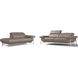 Sofa Egoitaliano "Anais, erstklassiger Sitzkomfort, Fußfarbe chrom", beige (safari), Sofas, Leder BACIO, Ottomane Armlehne rechts, Set, Kopfteil verstellbar, Leder BACIO, safari