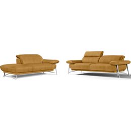Sofa Egoitaliano "Anais, erstklassiger Sitzkomfort, Fußfarbe chrom", gelb, Sofas, Luxus-Microfaser Lederoptik, Ottomane Armlehne rechts, Set, Kopfteil verstellbar, Luxus-Microfaser Lederoptik, gelb