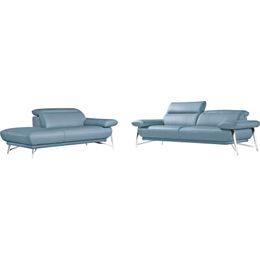Sofa Egoitaliano "Anais, erstklassiger Sitzkomfort, Fußfarbe chrom", blau (himmelblau), Sofas, Leder CAREZZA, Ottomane Armlehne rechts, Set, Kopfteil verstellbar, Leder CAREZZA, himmelblau