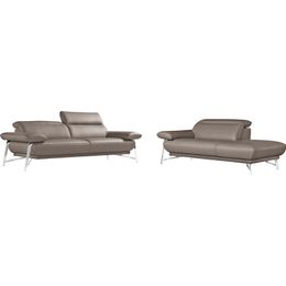 Sofa Egoitaliano "Anais, erstklassiger Sitzkomfort, Fußfarbe chrom", beige (safari), Sofas, Leder BACIO, Ottomane Armlehne links, Set, Kopfteil verstellbar, Leder BACIO, safari