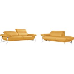 Sofa Egoitaliano "Anais, erstklassiger Sitzkomfort, Fußfarbe chrom", gelb, Sofas, Leder BULL, Ottomane Armlehne links, Set, Kopfteil verstellbar, Leder BULL, gelb