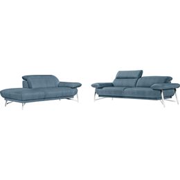 Sofa Egoitaliano "Anais, erstklassiger Sitzkomfort, Fußfarbe chrom", blau (hellblau), Sofas, Luxus-Microfaser Lederoptik, Ottomane Armlehne rechts, Set, Kopfteil verstellbar, Luxus-Microfaser Lederoptik, hellblau