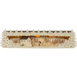 Schwibbogen-Fensterbank SAICO ORIGINAL "Premium-Line-Lichterbogenerhöhung, Vor dem Waldhaus", natur, B:76,5cm H:19cm T:14,5cm, Holz teilmassiv, Schwibbögen, mit LED-Stripe, warmweiß, BxHxT: 76,5x19x14,5 cm